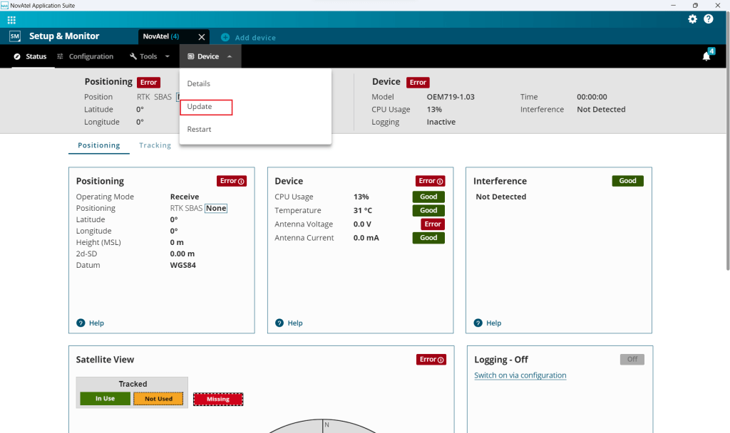 Firmware update of the NovAtel receiver